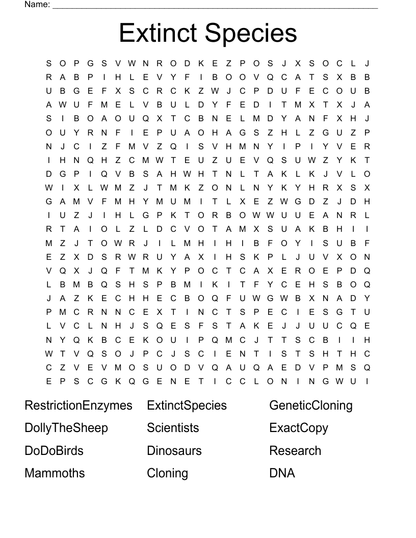 Extinct Species Word Search - WordMint