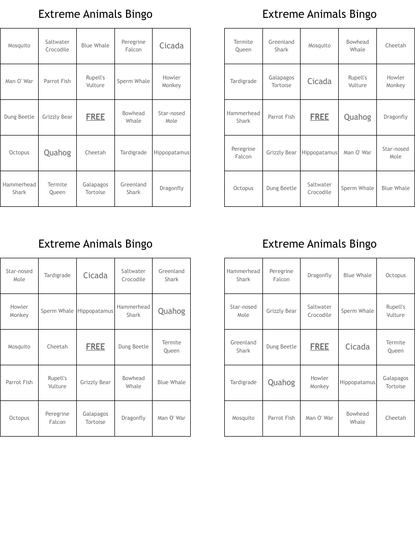 Extreme Animals Bingo - WordMint