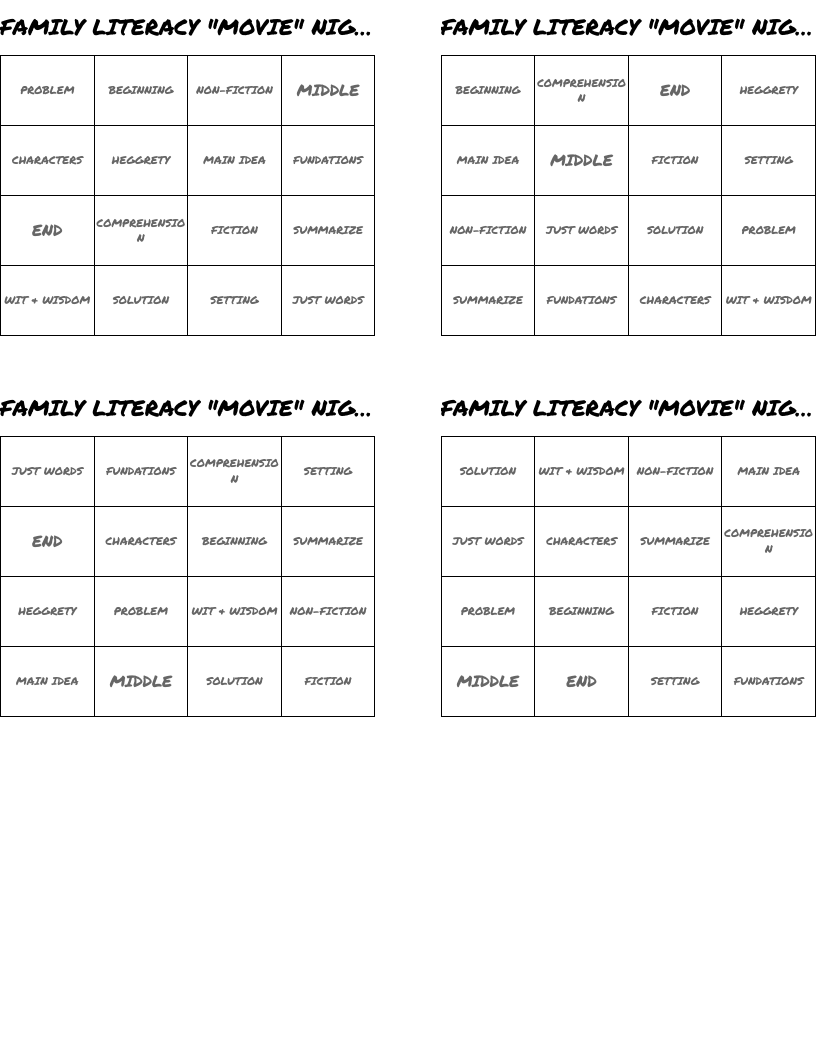 FAMILY LITERACY "MOVIE" NIGHT Bingo Cards - WordMint