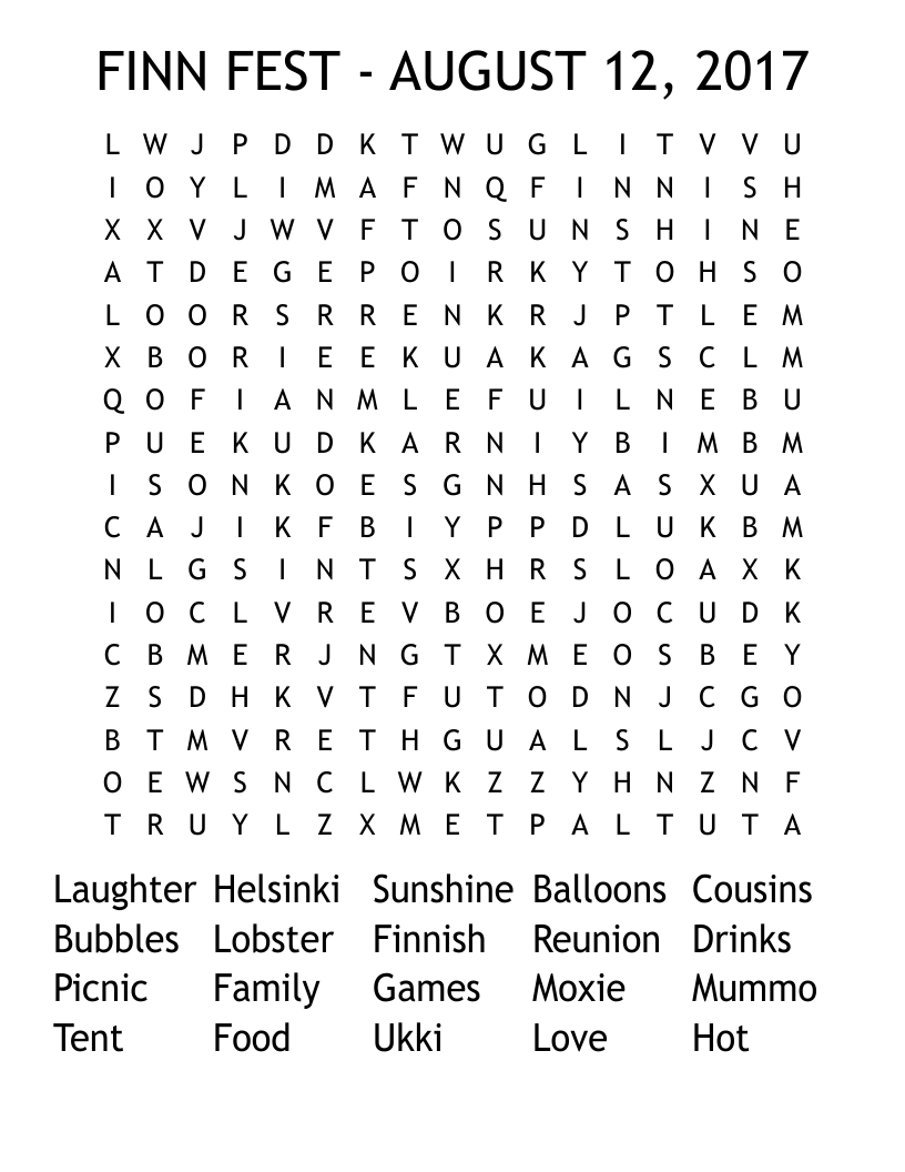 FINN FEST - AUGUST 12, 2017 Word Search - WordMint