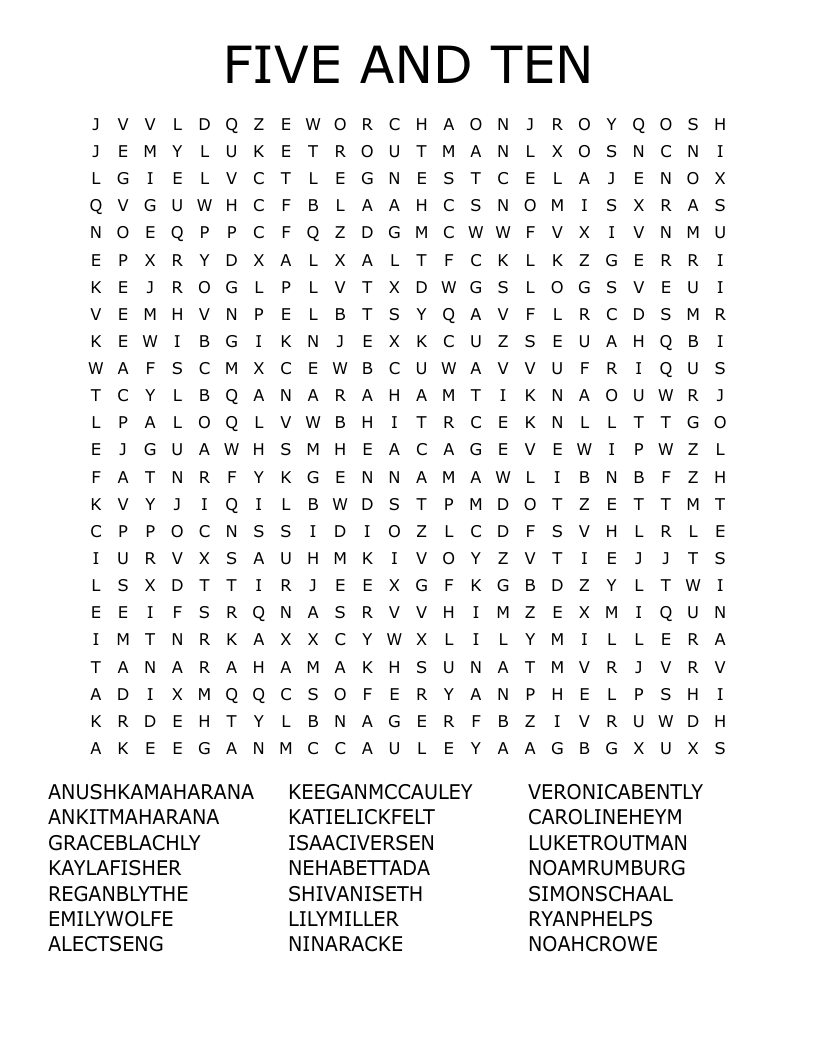 FIVE AND TEN Word Search - WordMint