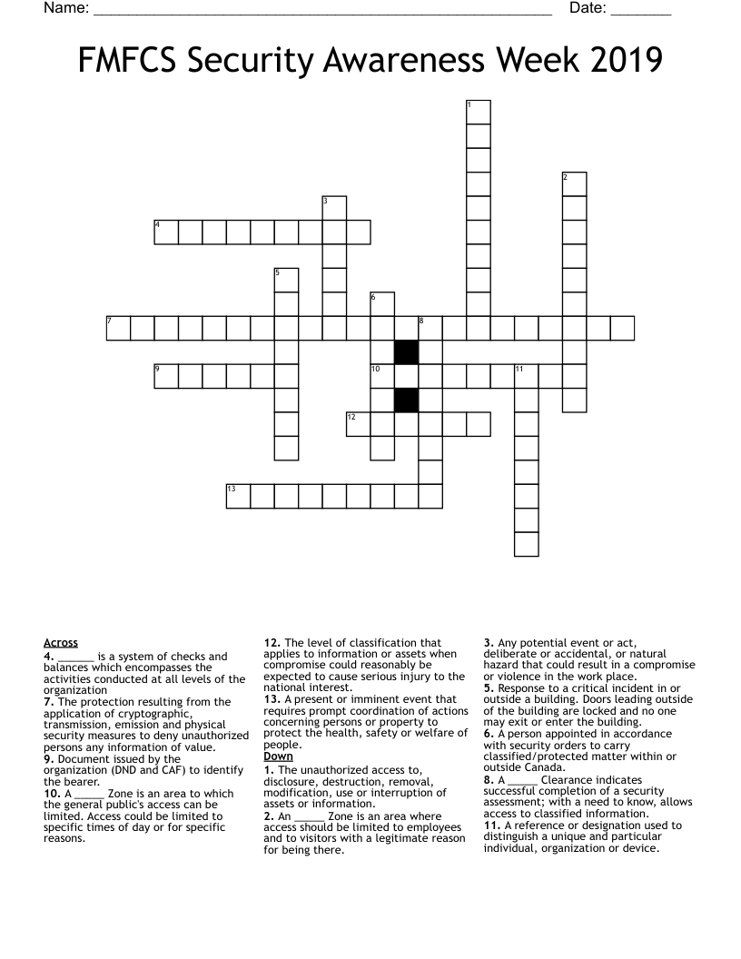 FMFCS Security Awareness Week 2019 Crossword - WordMint
