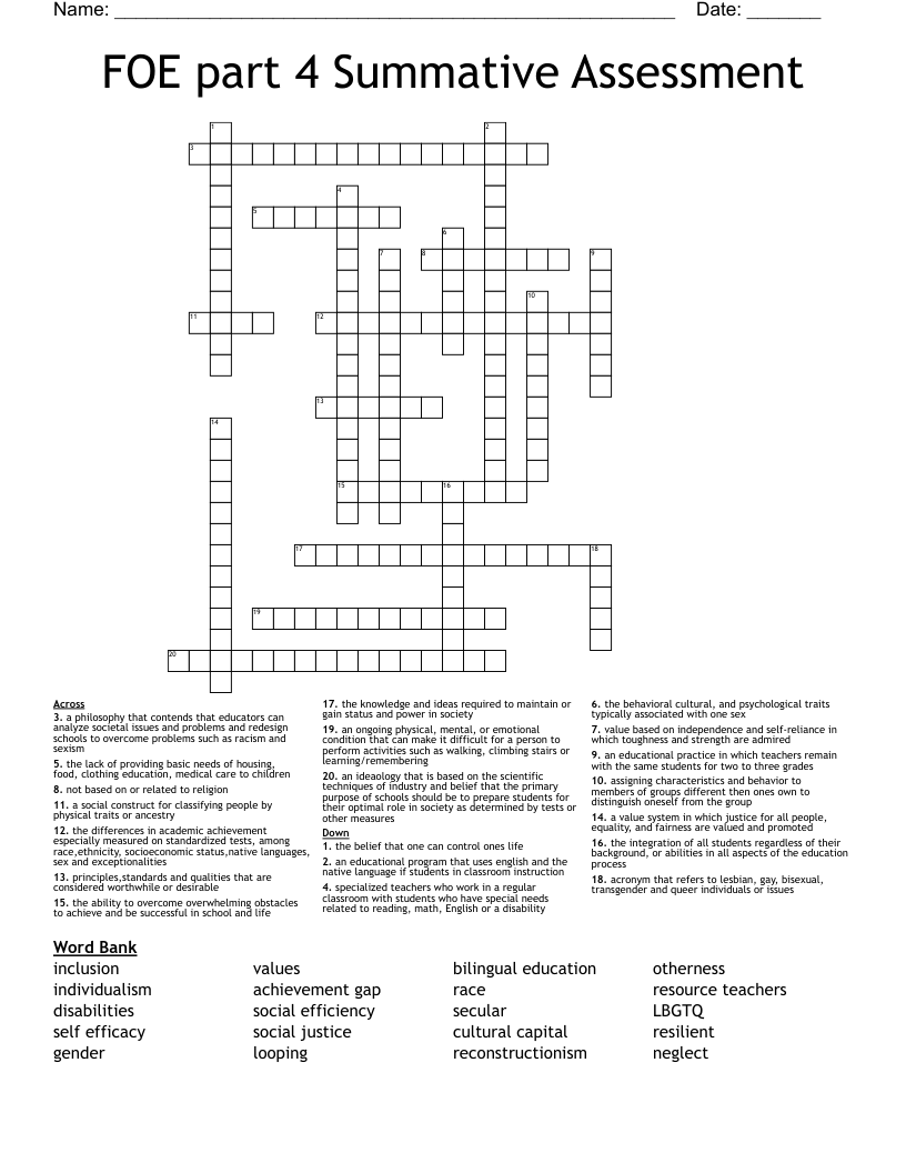 FOE part 4 Summative Assessment Crossword - WordMint