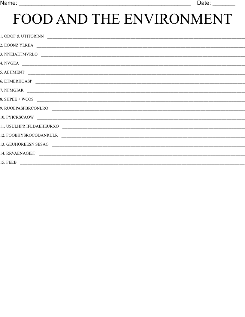 FOOD AND THE ENVIRONMENT Word Scramble - WordMint