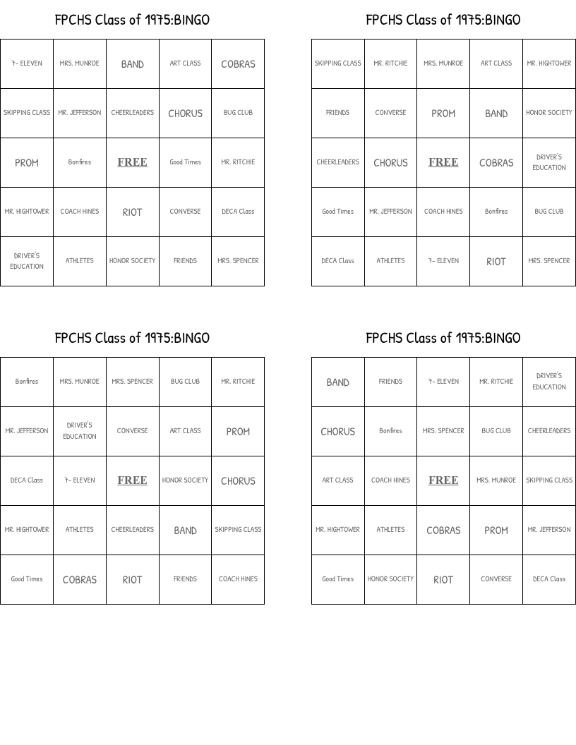 FPCHS Class of 1975:BINGO - WordMint