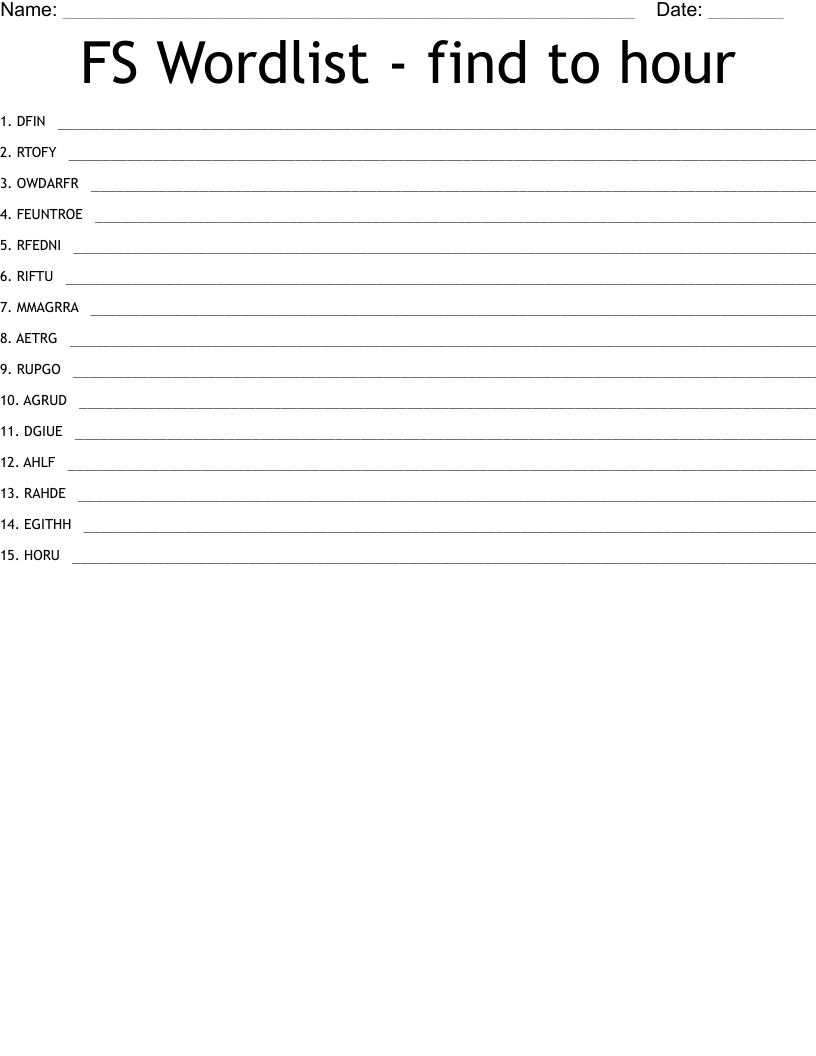 FS Wordlist - find to hour Word Scramble - WordMint