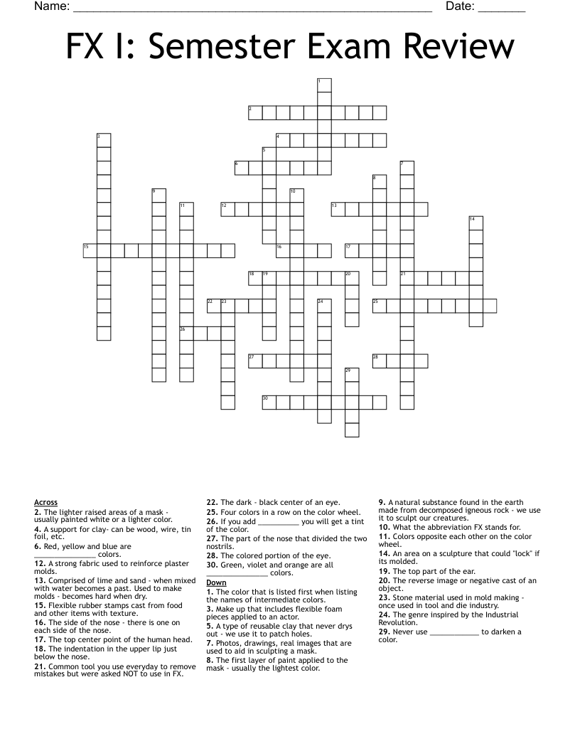 FX I: Semester Exam Review Crossword - WordMint