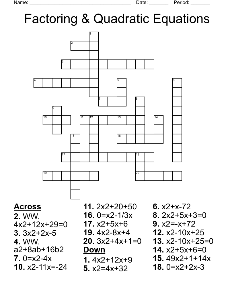 Factoring Quadratic Equations Crossword WordMint