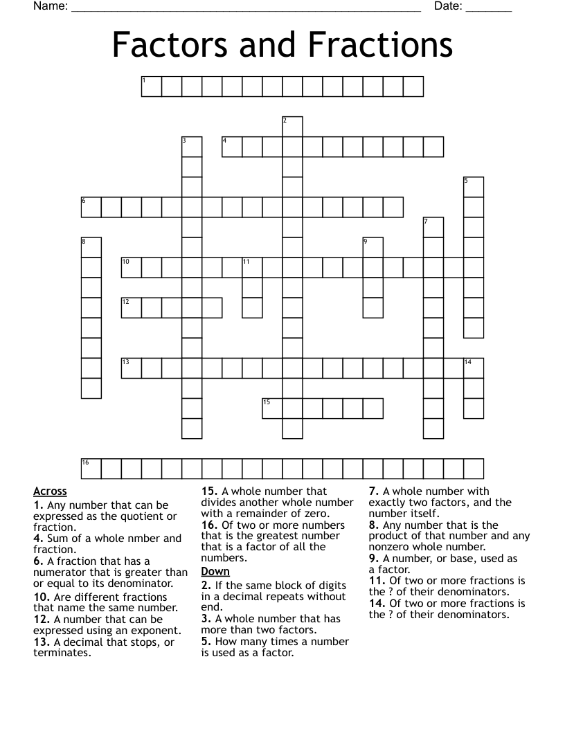 Factors And Fractions Crossword WordMint