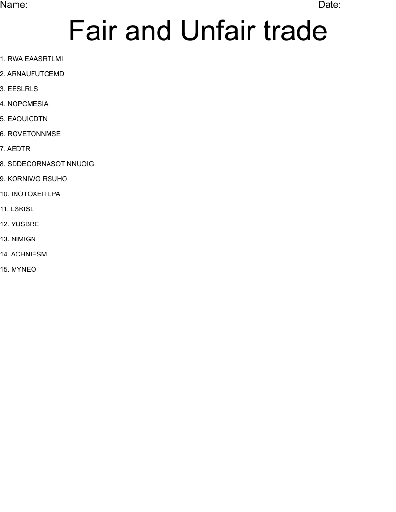 Fair and Unfair trade Word Scramble - WordMint
