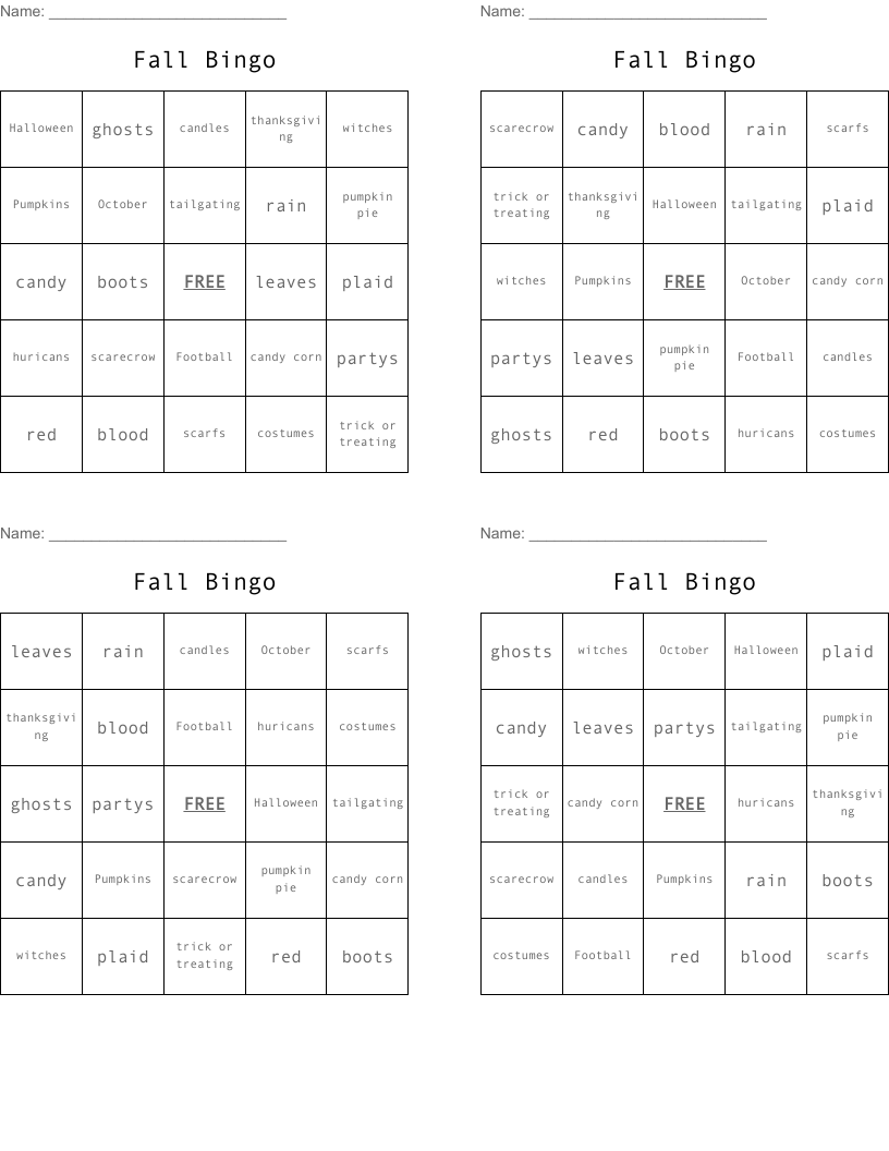 Fall Bingo - WordMint