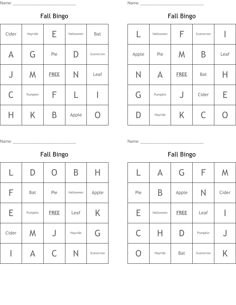 Fall Bingo - WordMint