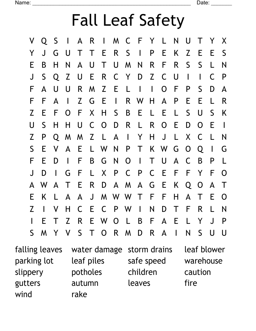 Fall Leaf Safety Word Search - WordMint