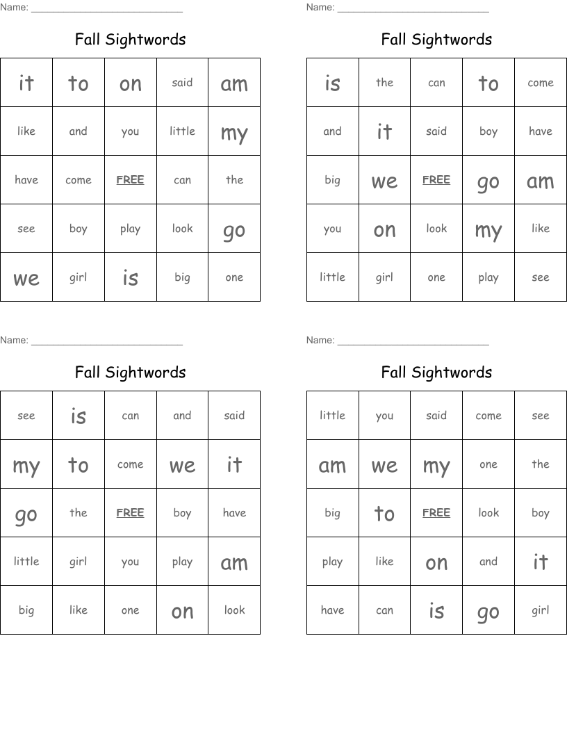 Fall Sightwords Bingo Cards - WordMint