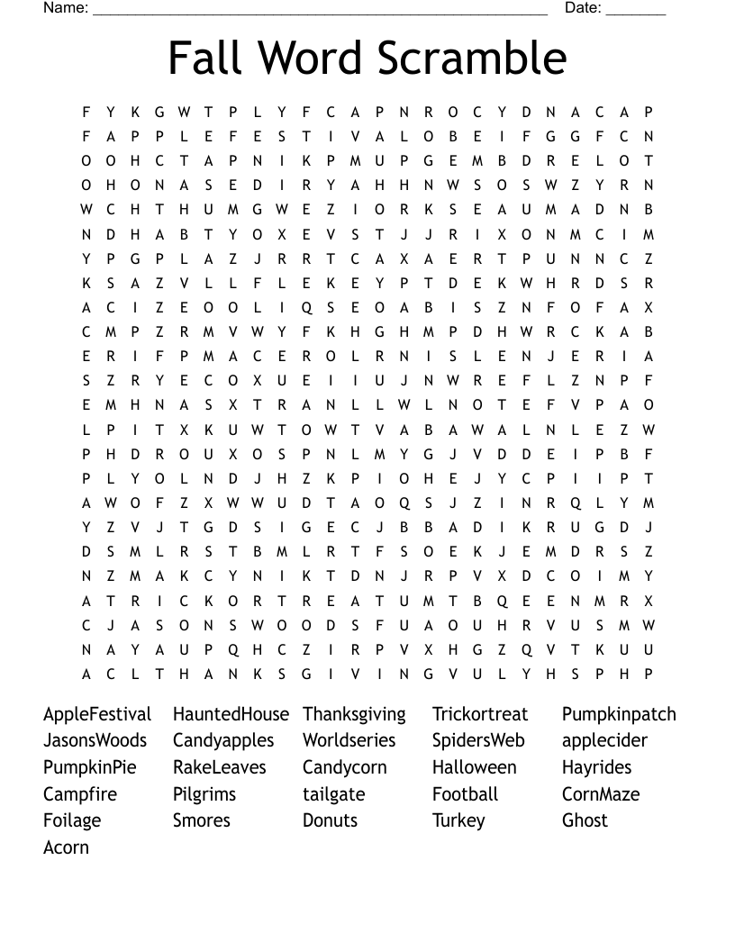 Fall Word Scramble Word Search - WordMint