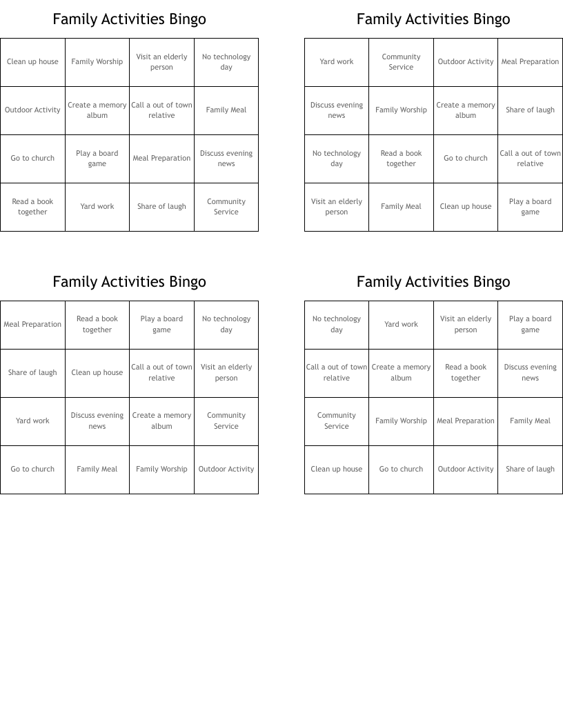 Family Activities Bingo - WordMint