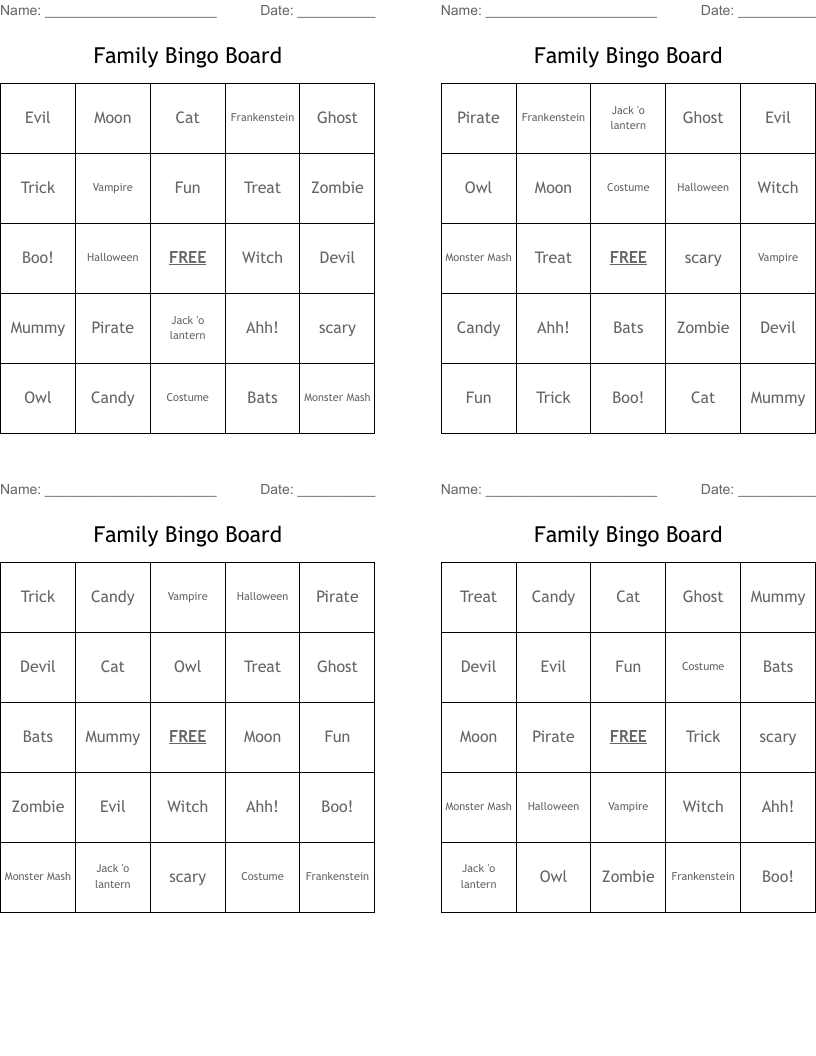Family Bingo Board - WordMint