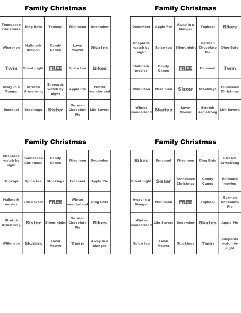 Family Christmas Bingo Cards - WordMint