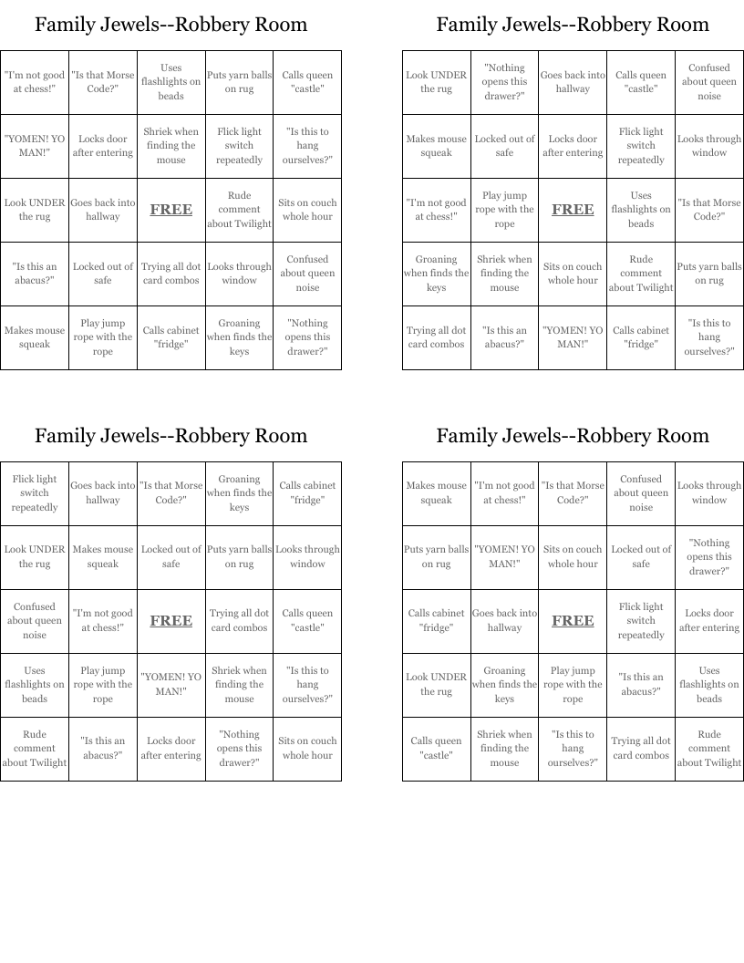 Family Jewels--Robbery Room Bingo Cards - WordMint