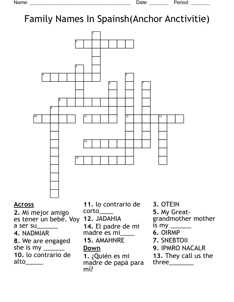 Family Names In Spainsh(Anchor Anctivitie) Crossword - WordMint