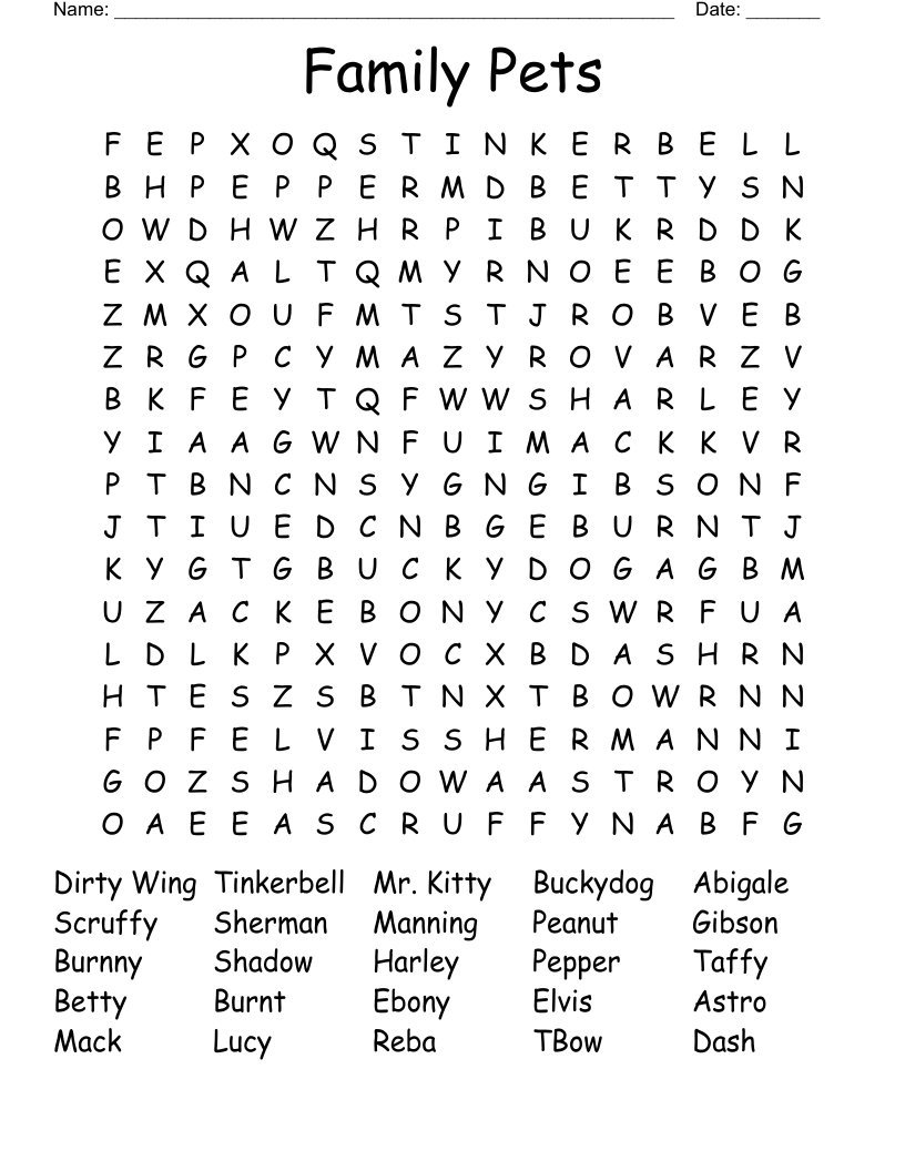 Family Pets Word Search - WordMint