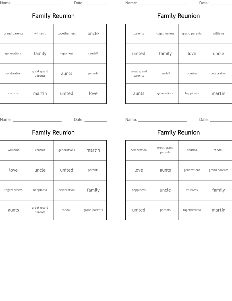 Family Reunion Bingo Cards WordMint