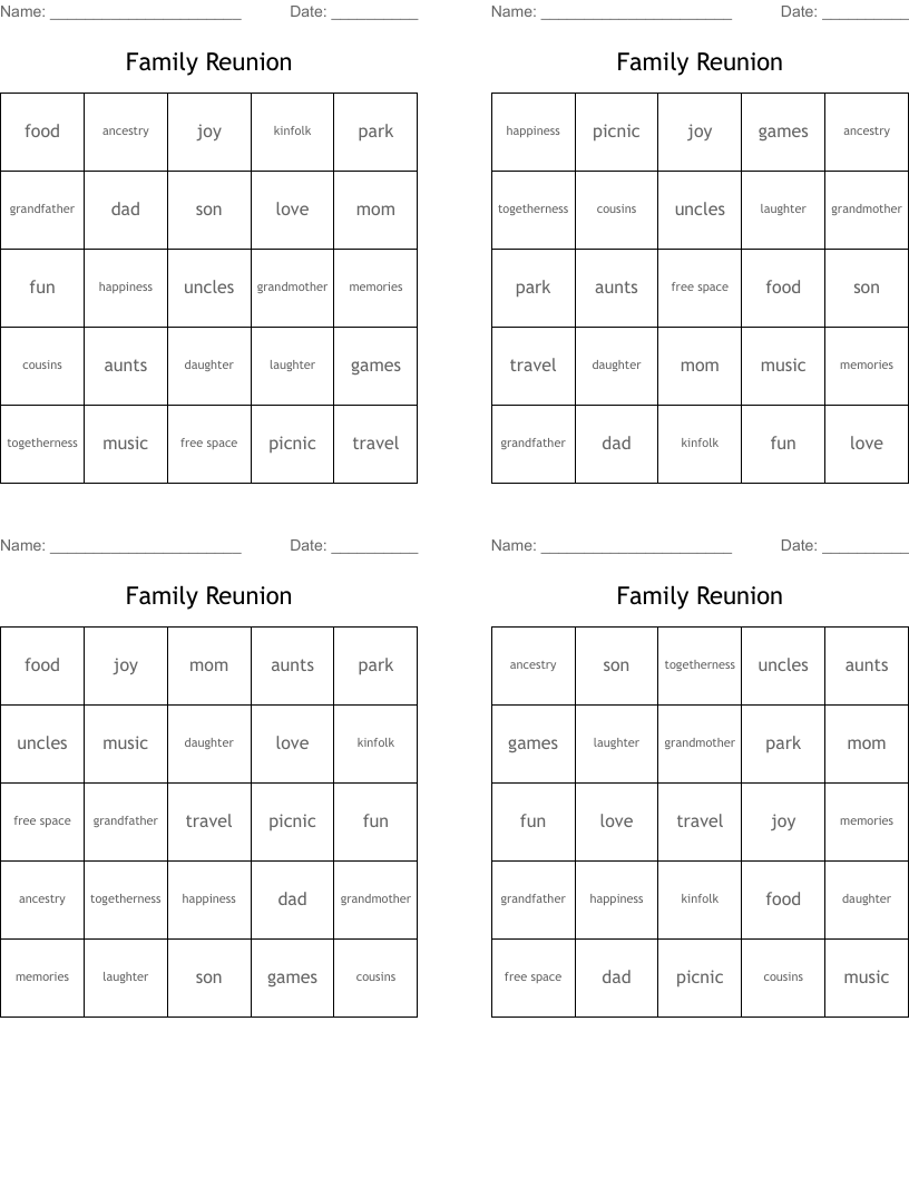 Family Reunion Bingo Cards WordMint