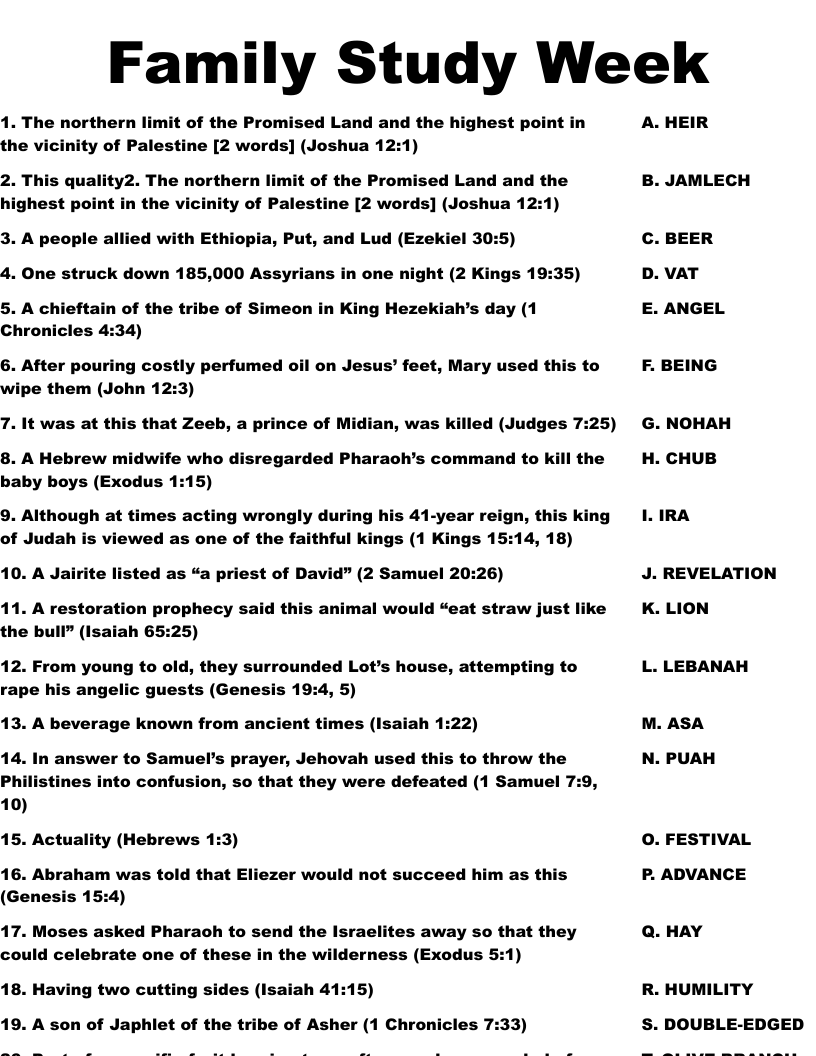 Family Study Week Worksheet - WordMint