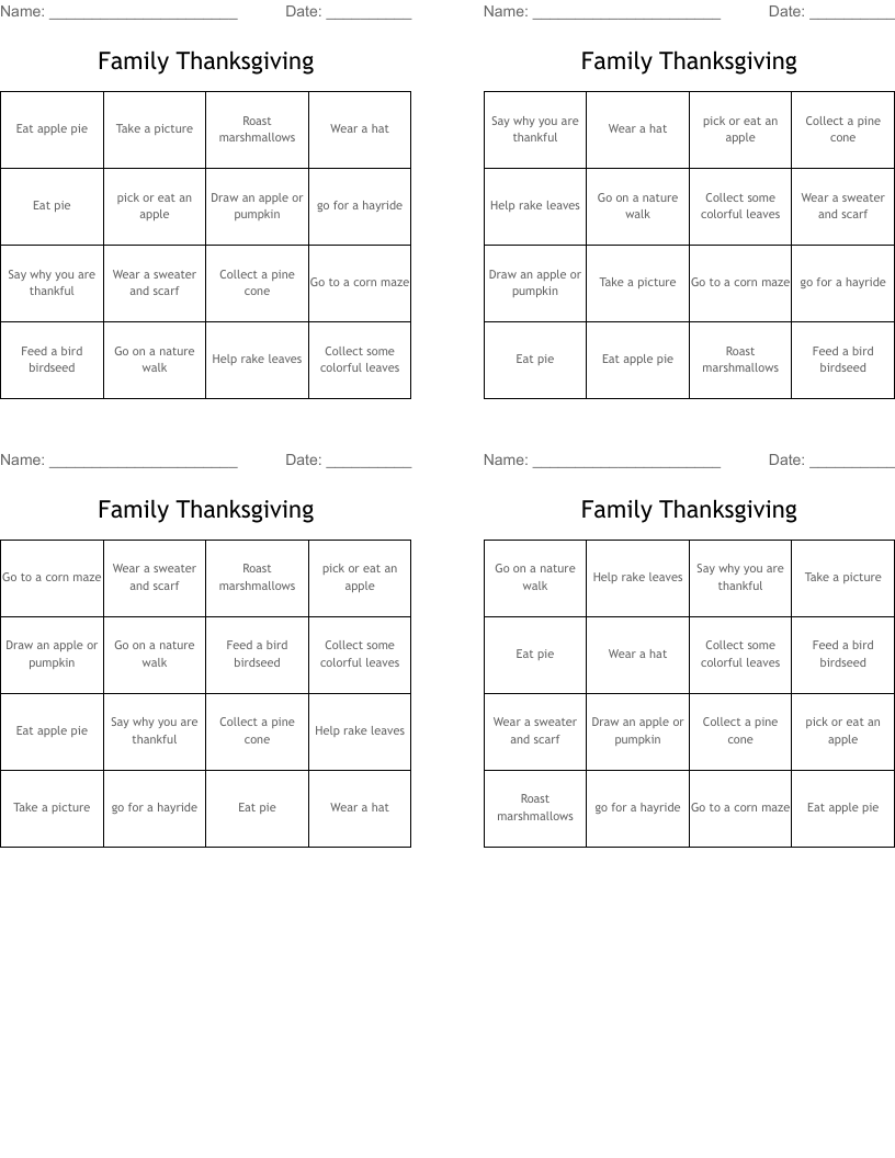 Family Thanksgiving Bingo Cards - WordMint