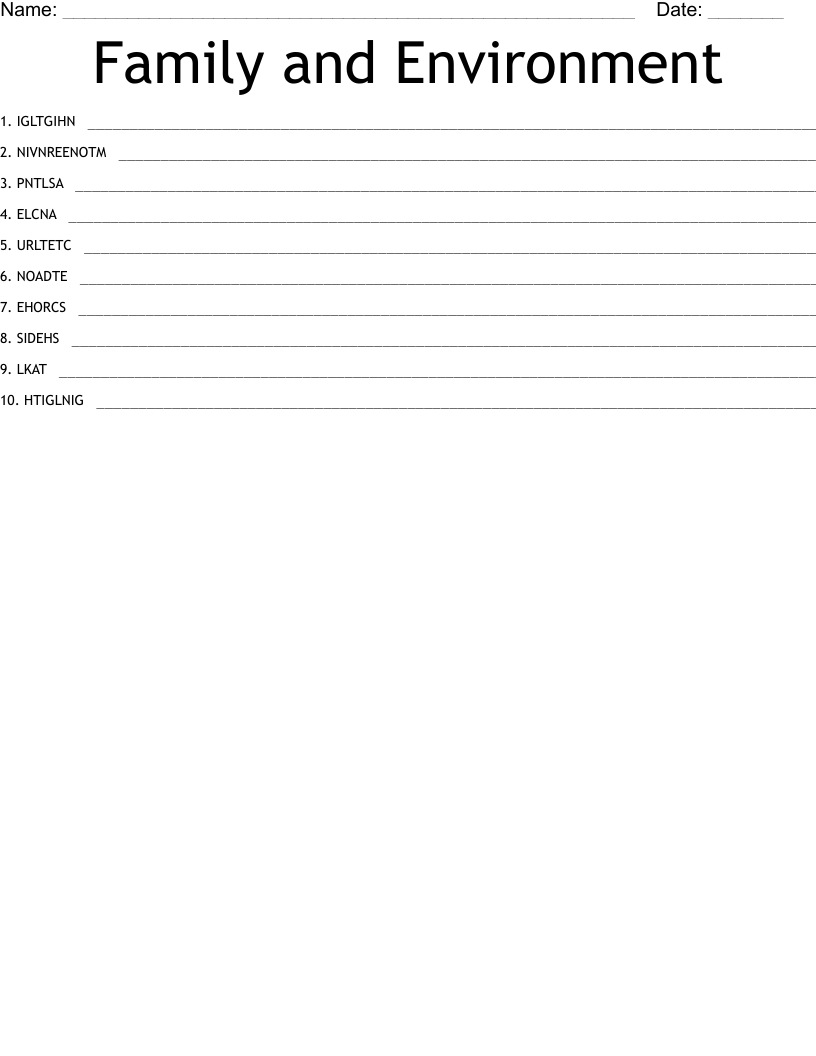 Family and Environment Word Scramble - WordMint