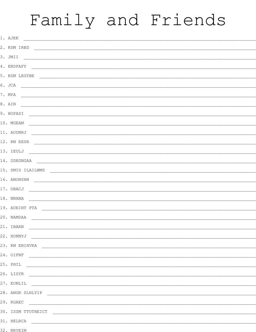 Family and Friends Word Scramble - WordMint