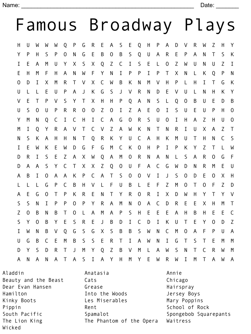 Musicals Word Search - WordMint