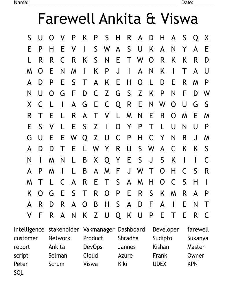 Farewell Ankita & Viswa Word Search - WordMint