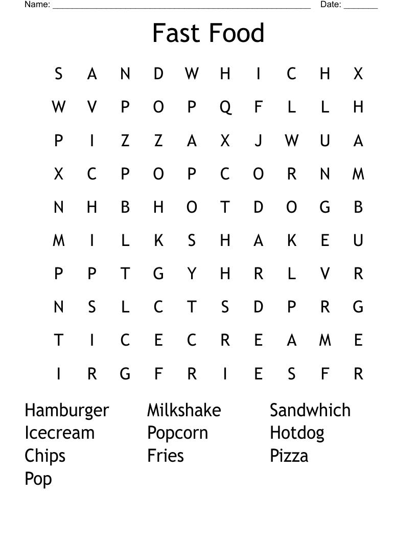 Fast Food Word Search - WordMint