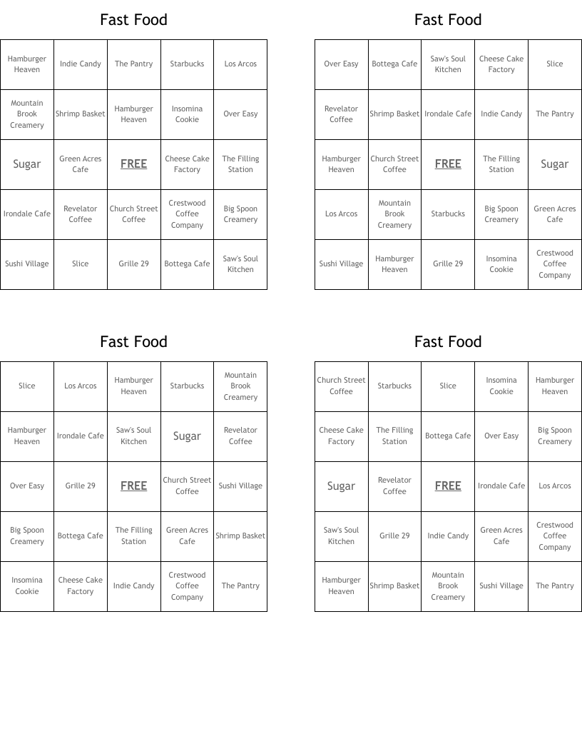 Fast Food Bingo Cards - WordMint
