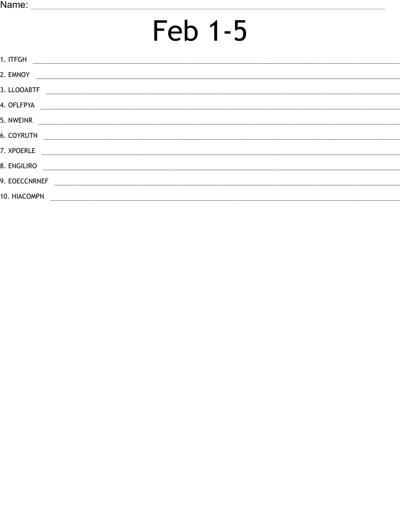 Feb 1-5 Word Scramble - WordMint