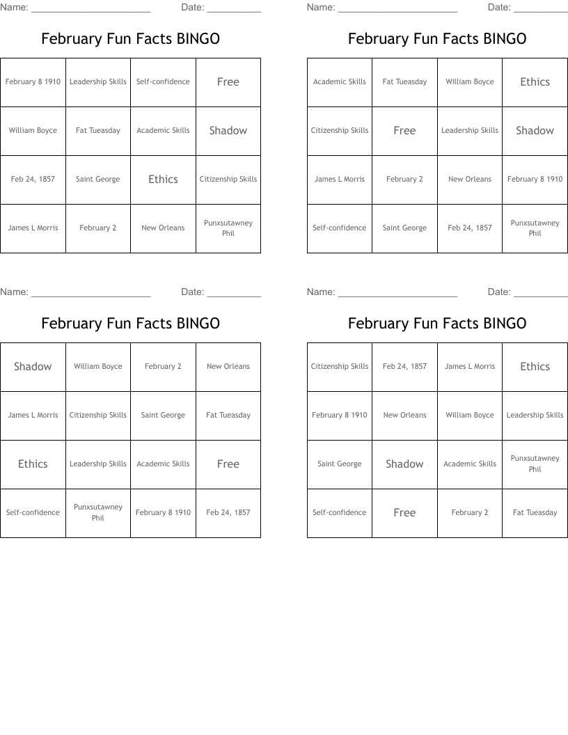 February Fun Facts BINGO - WordMint
