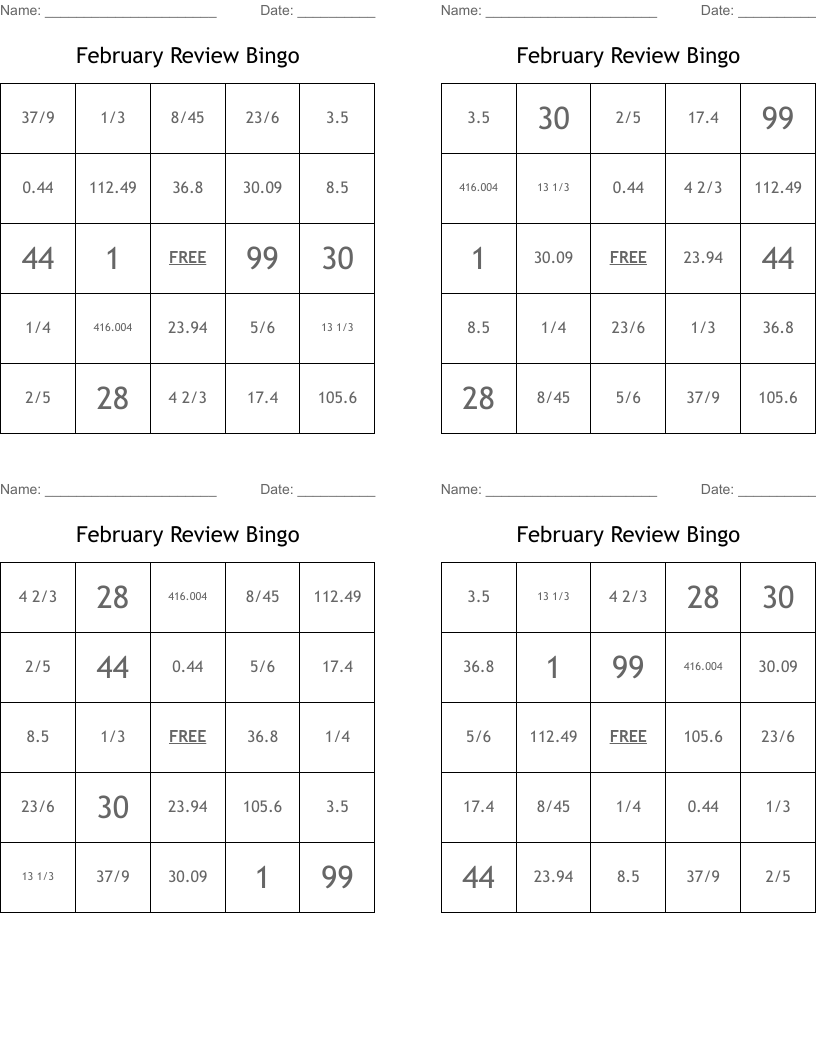 February Review Bingo - WordMint