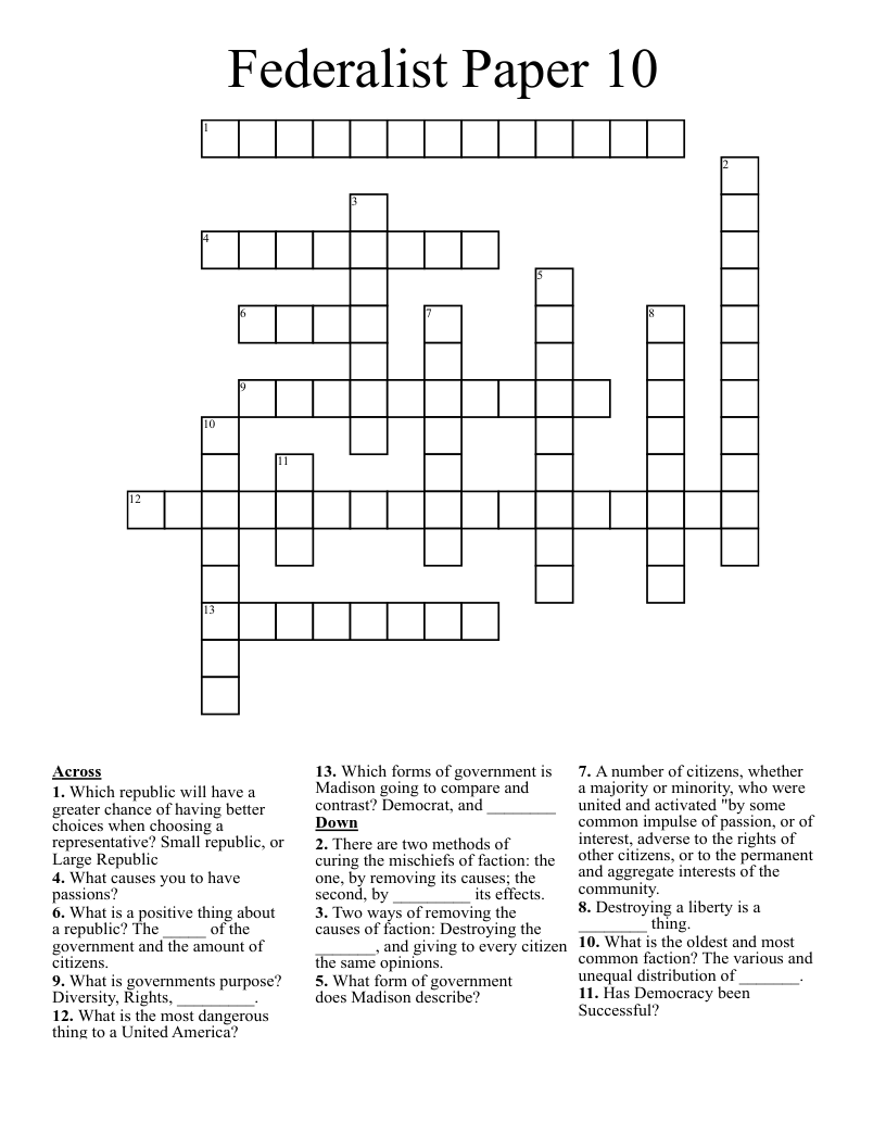 Federalist Paper 10 Crossword - WordMint