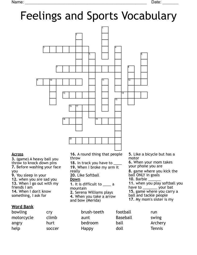 Feelings and Sports Vocabulary Crossword - WordMint