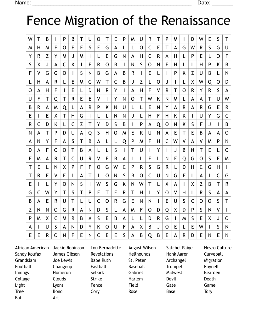 Fence Migration Of The Renaissance Word Search WordMint