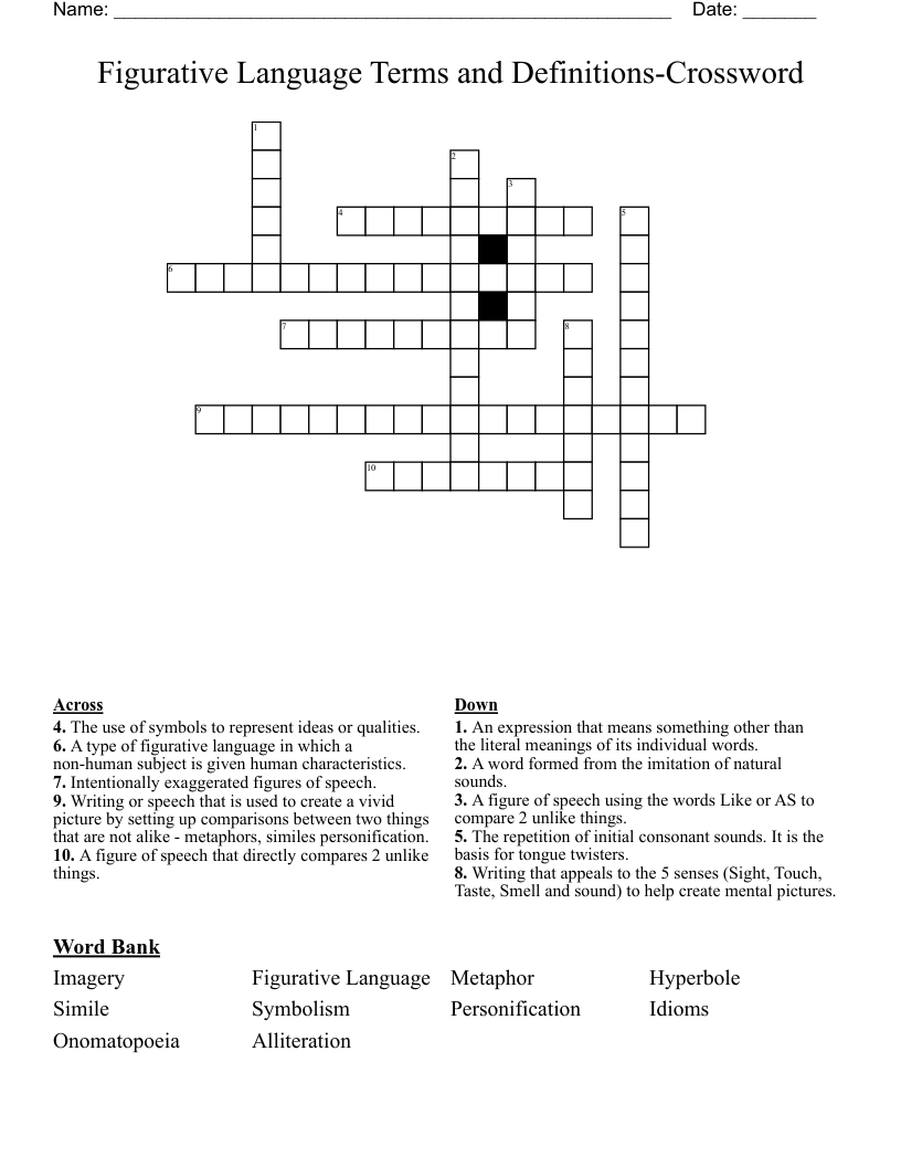 Figurative Language Terms And Definitions Crossword WordMint