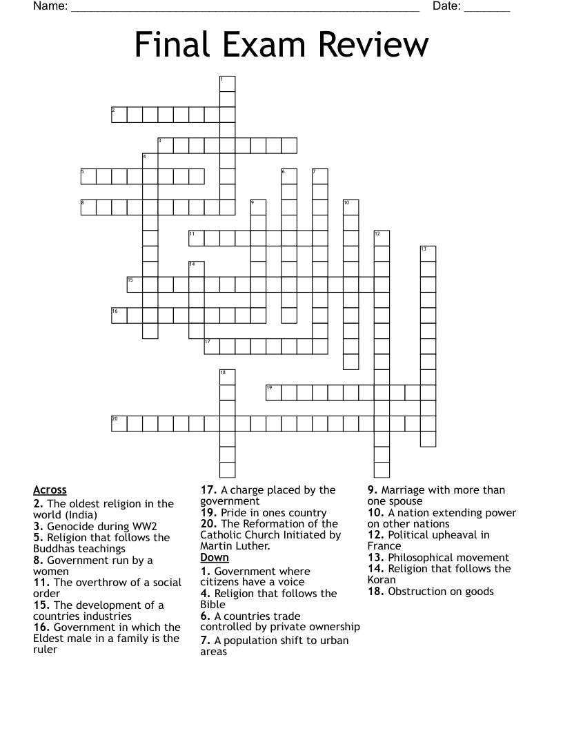 Final Exam Review Crossword - WordMint