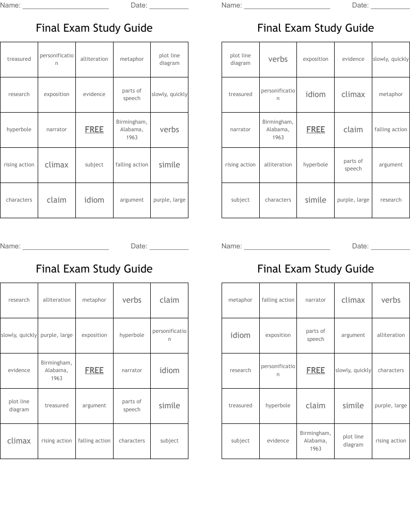 Final Exam Study Guide Bingo Cards - WordMint