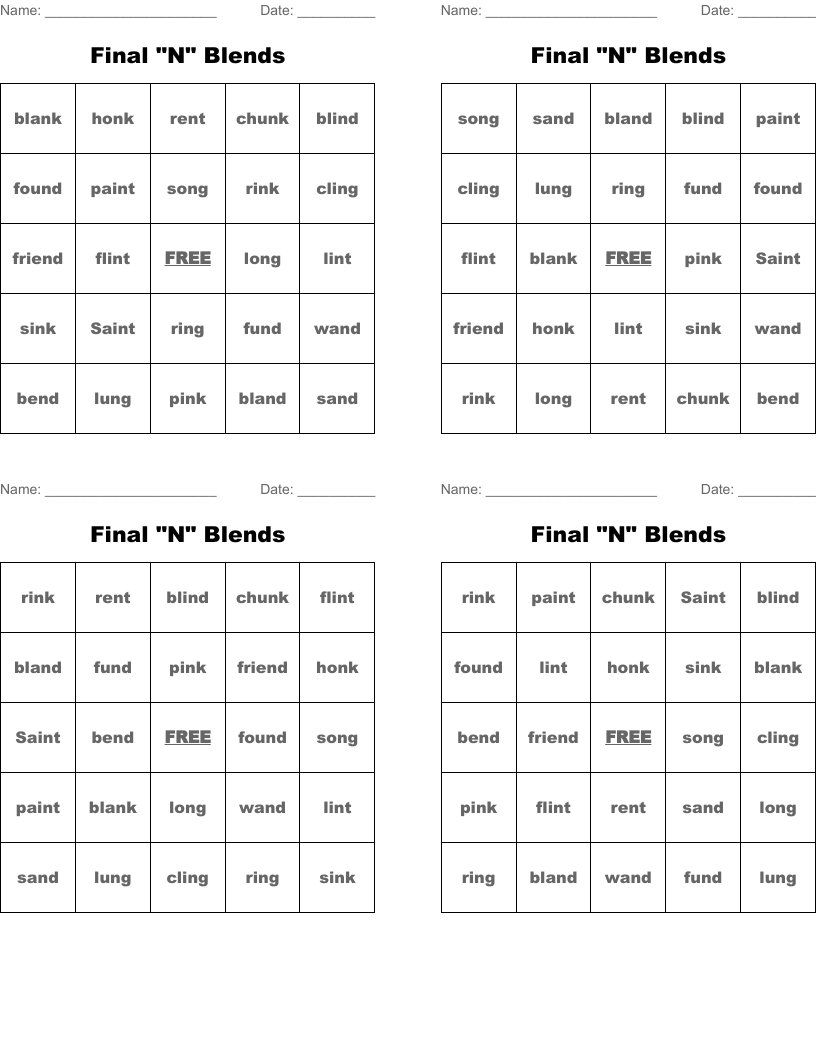 Final "N" Blends Bingo Cards - WordMint