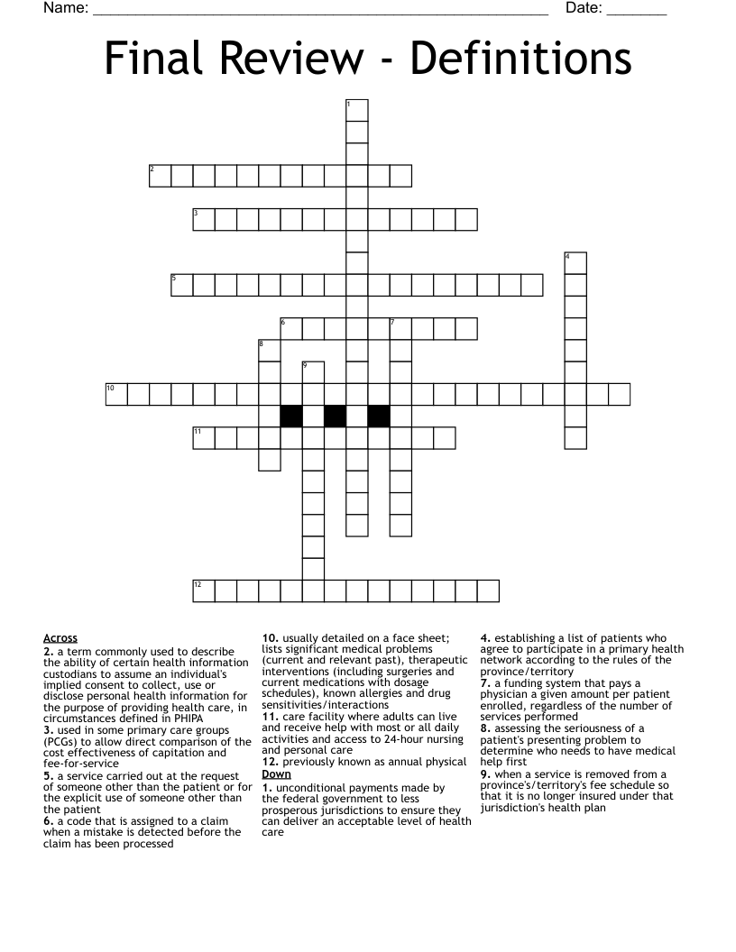 Final Review - Definitions Crossword - WordMint