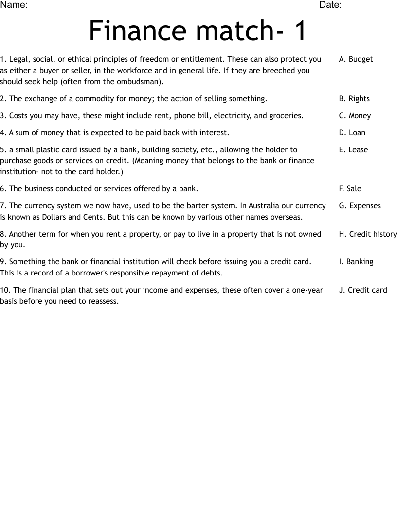 Finance match- 1 Worksheet - WordMint