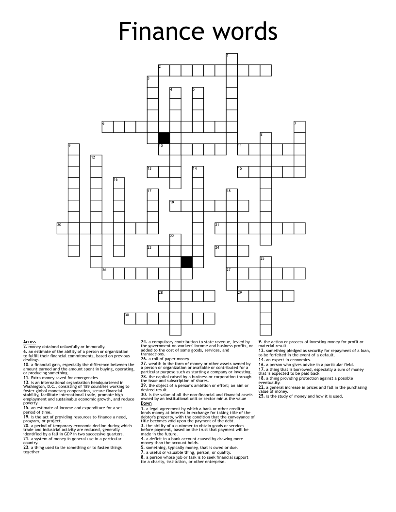 Finance words Crossword - WordMint