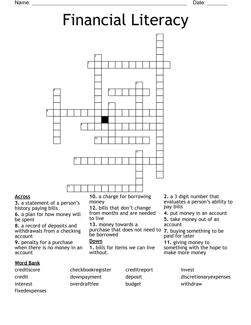 Financial Literacy Crossword - WordMint