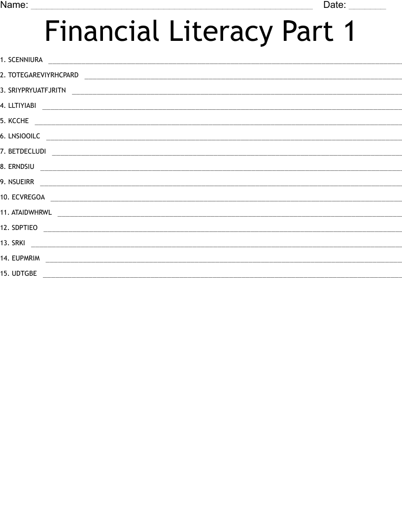 Financial Literacy Part 1 Word Scramble - WordMint